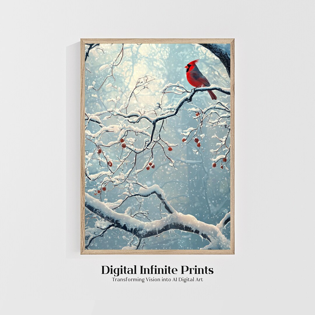 Winter Cardinal Art Print, Red Bird in Snow, Digital Download, Winter ...