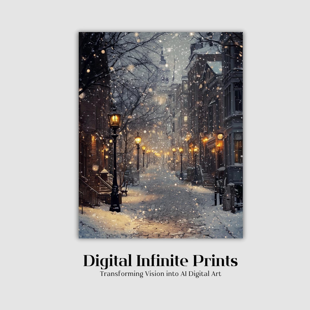 Winter Cityscape Digital Download Art, Snowy Street Scene, Evening ...