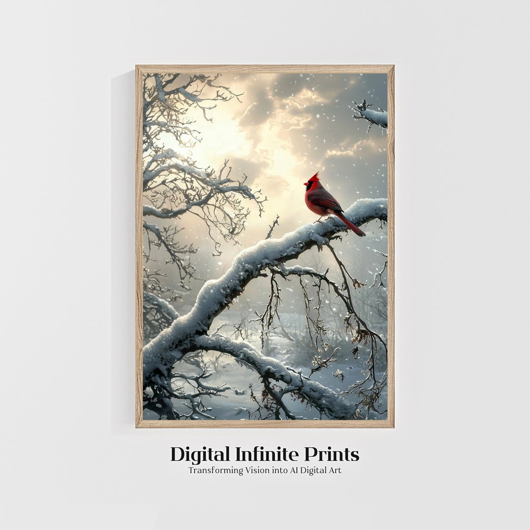 Digital Download Winter Cardinal Art, Red Bird in Snowy Landscape ...