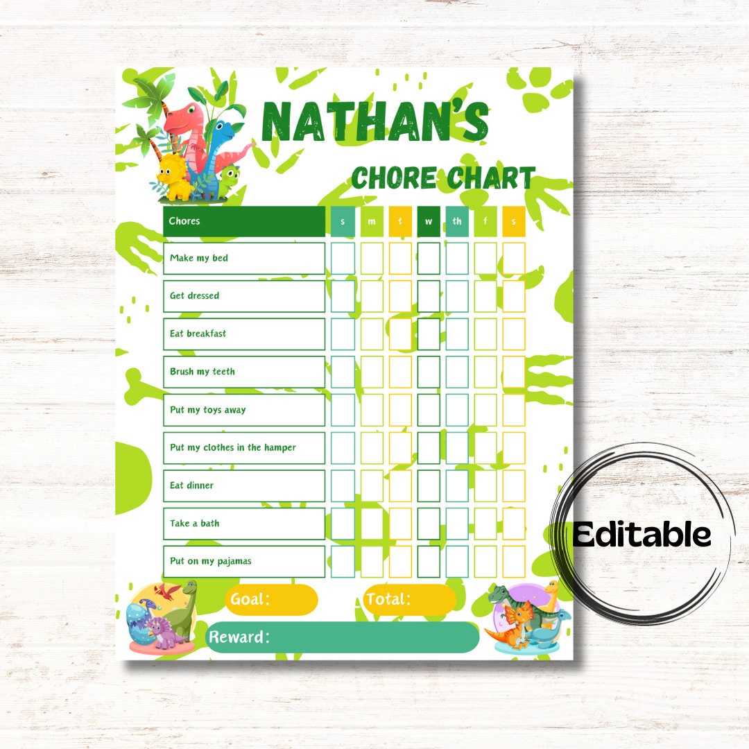 Dinosaur Chore Chart, EDITABLE, Kid's Chore Chart, Printable Chore ...
