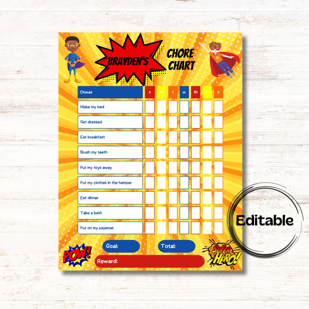 Superhero Chore Chart, EDITABLE, Kid's Chore Chart, Printable Chore ...