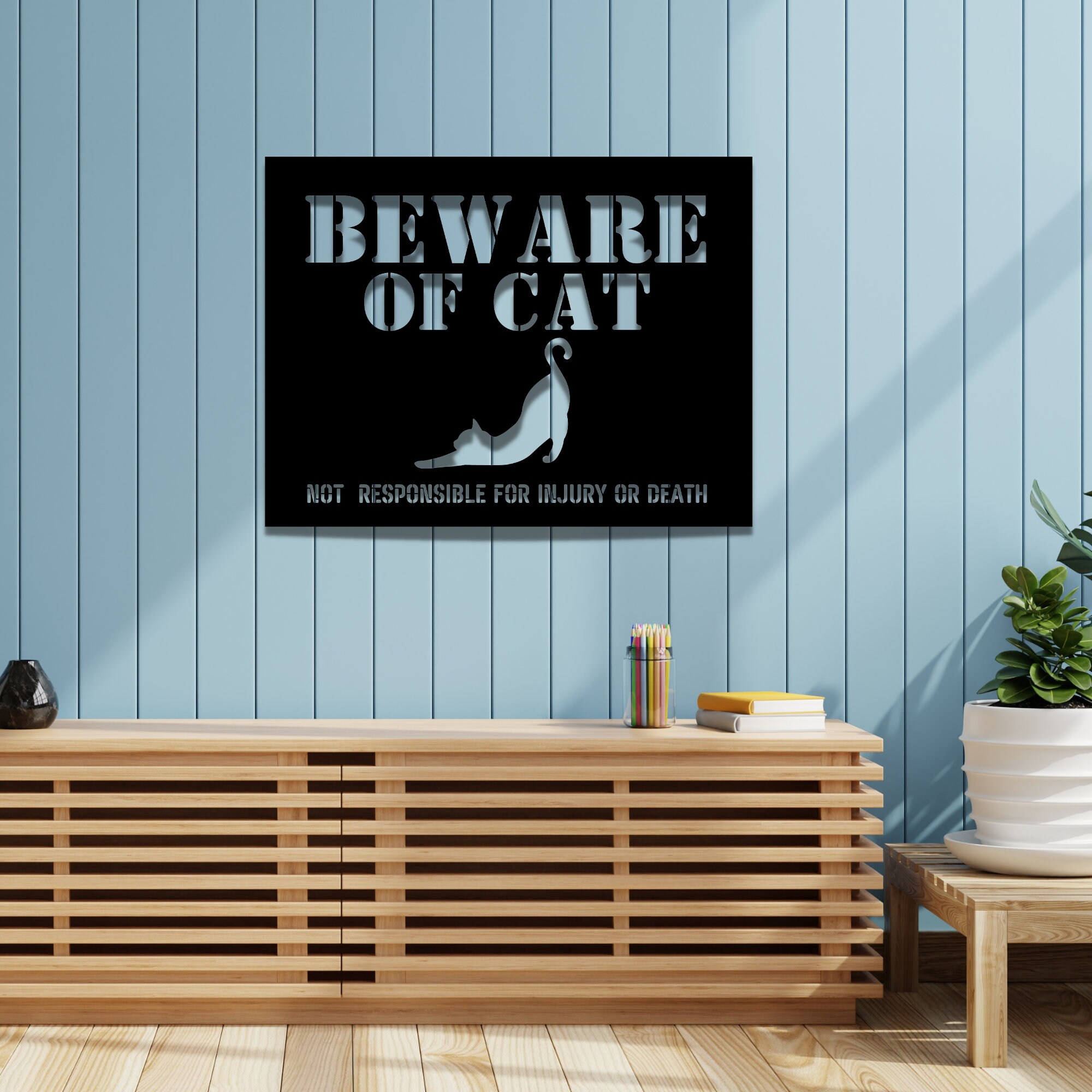 Cat Enthusiast Metal Wall Sign, BEWARE OF CAT Sign, Metal Wall Art for ...