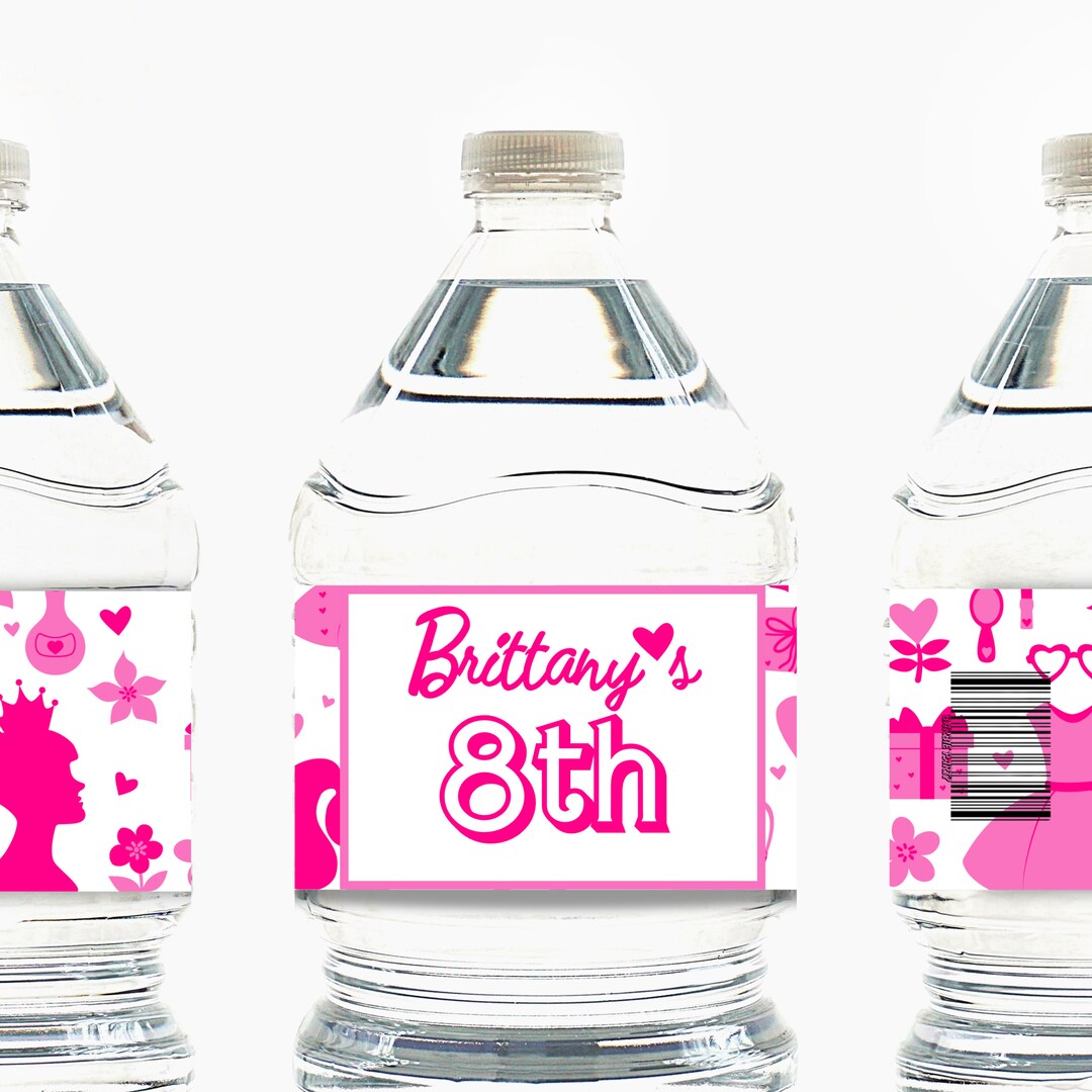 Barbie Birthday Water Bottle Labels | Editable Pink Party Drink Wraps ...