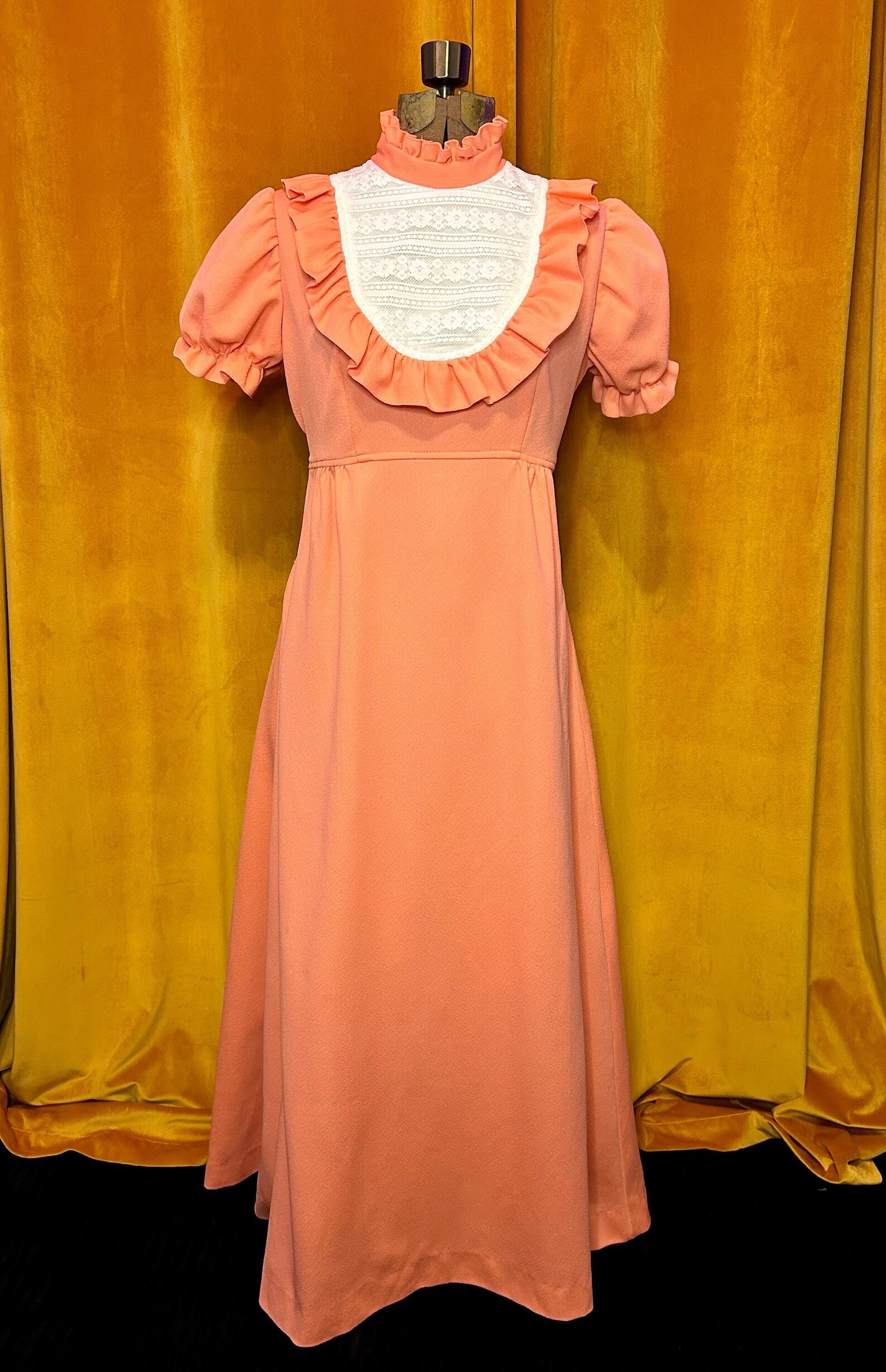 Vintage 60s 70s Peach Prairie Dress Short Sleeve Floor Length Puff ...