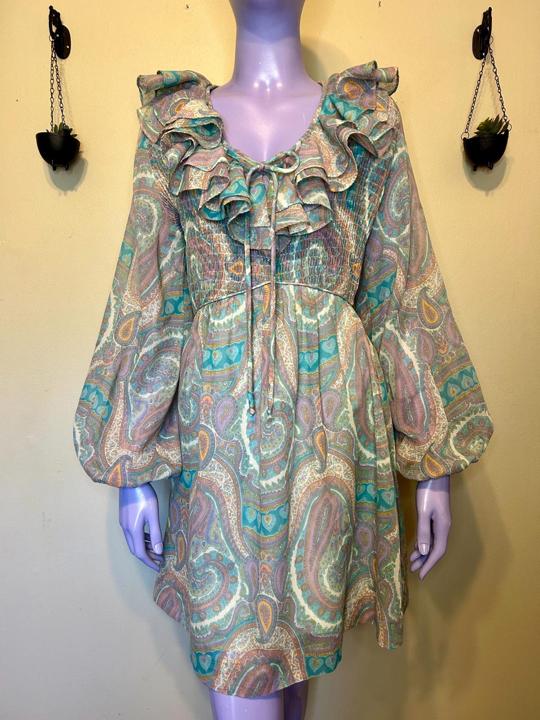 Vintage 60s 70s Paisley Smocked Ruffle Neck Poof Sleeve Hippie Boho ...