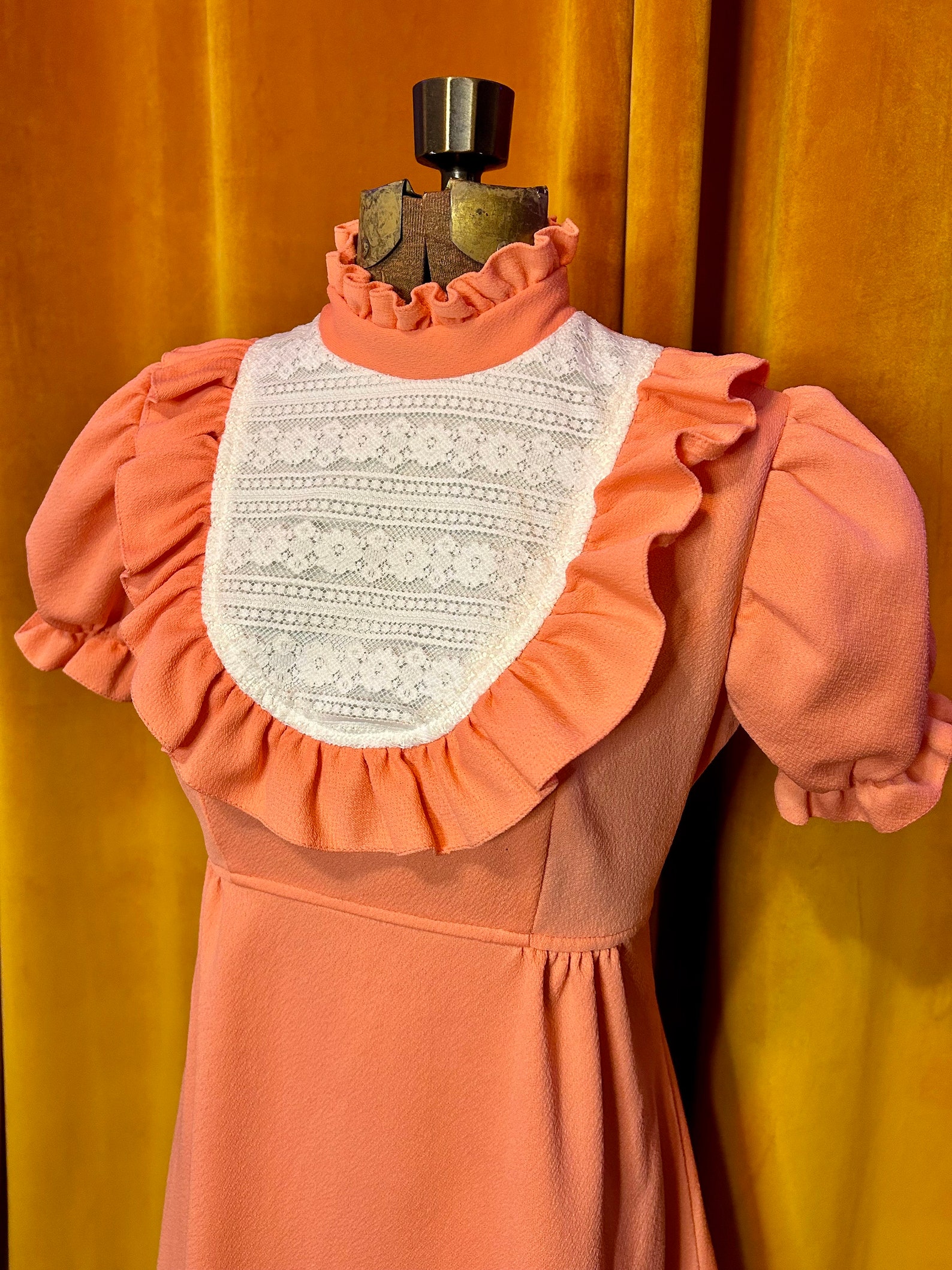 Vintage 60s 70s Peach Prairie Dress Short Sleeve Floor Length Puff ...