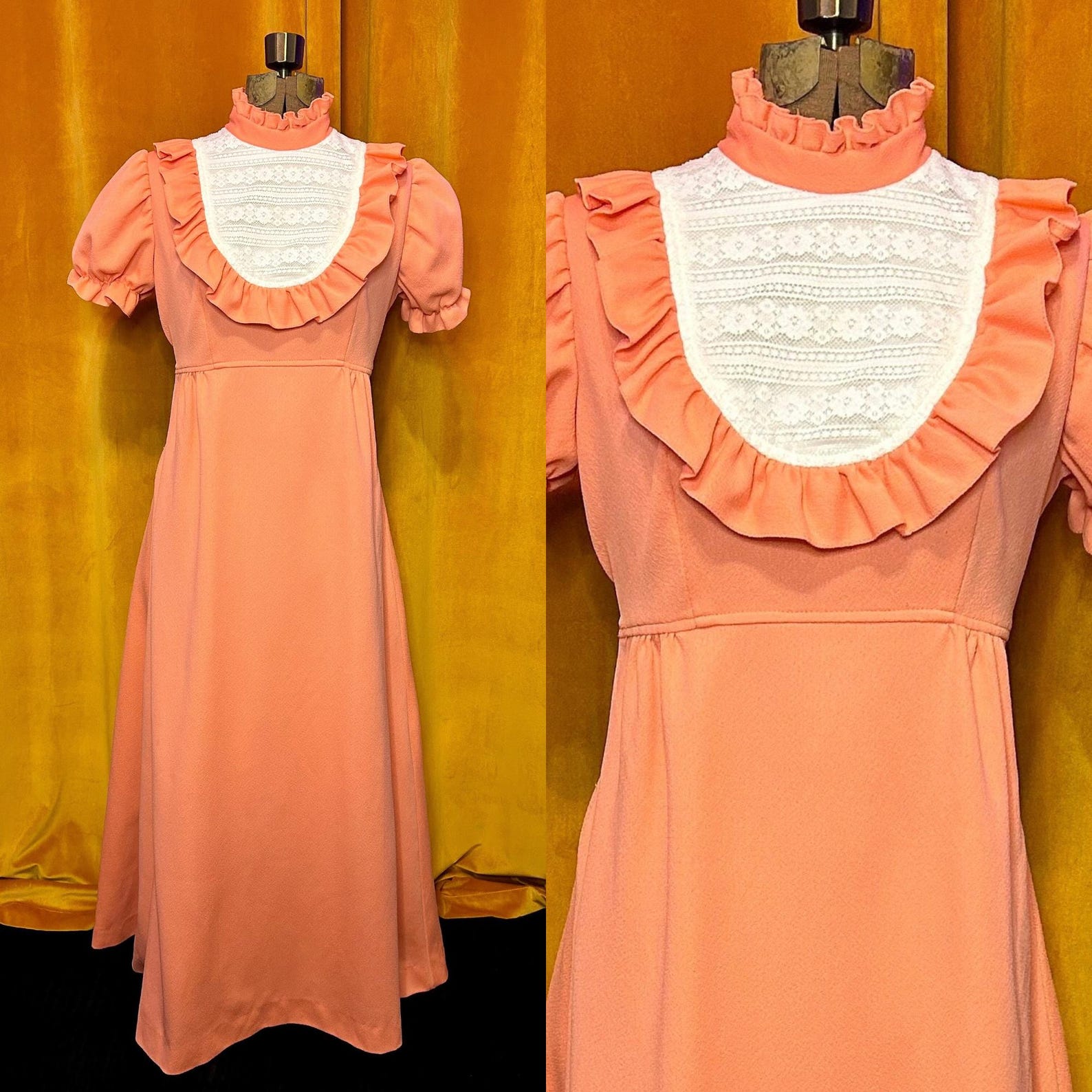 Vintage 60s 70s Peach Prairie Dress Short Sleeve Floor Length Puff ...