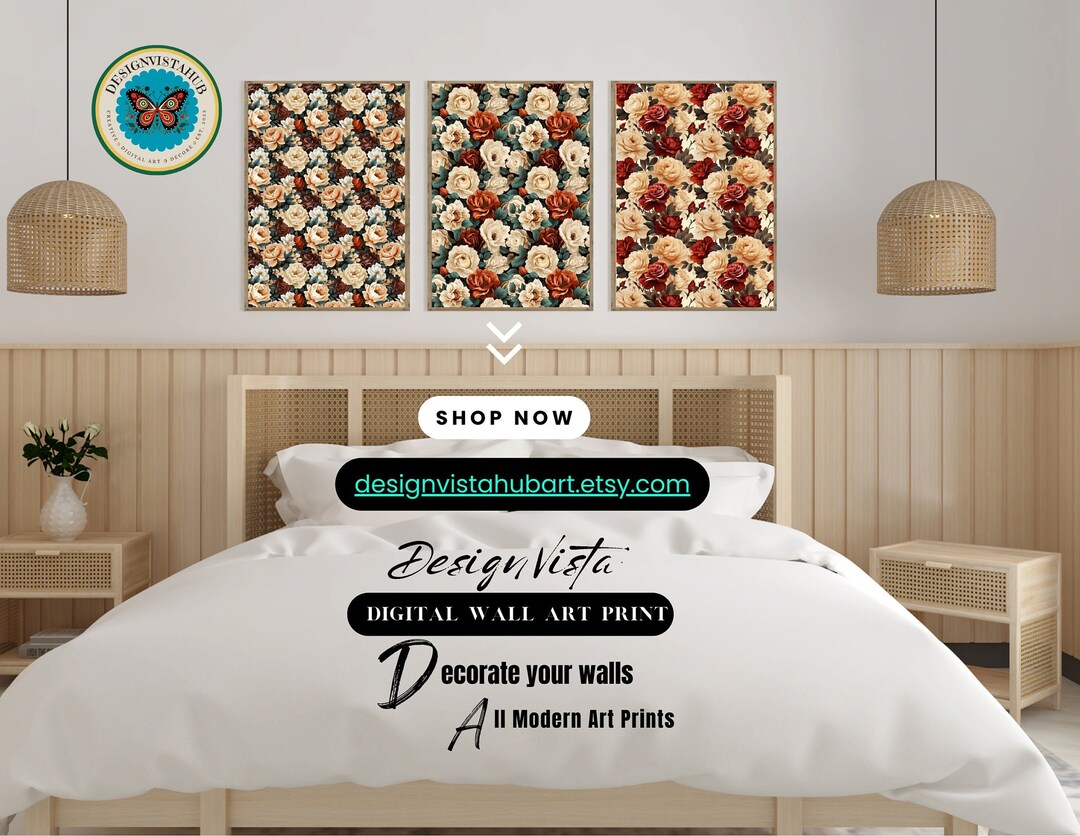 3 Set of Seamless Pattern Tan Roses Printable Wall Art Exuding High ...