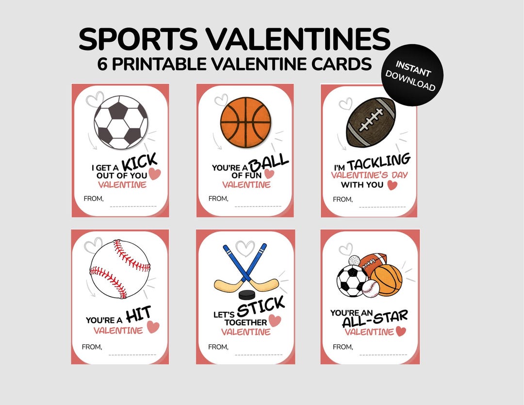 Sports Valentine Cards, Printable Valentines for Kids, Classroom Tags ...