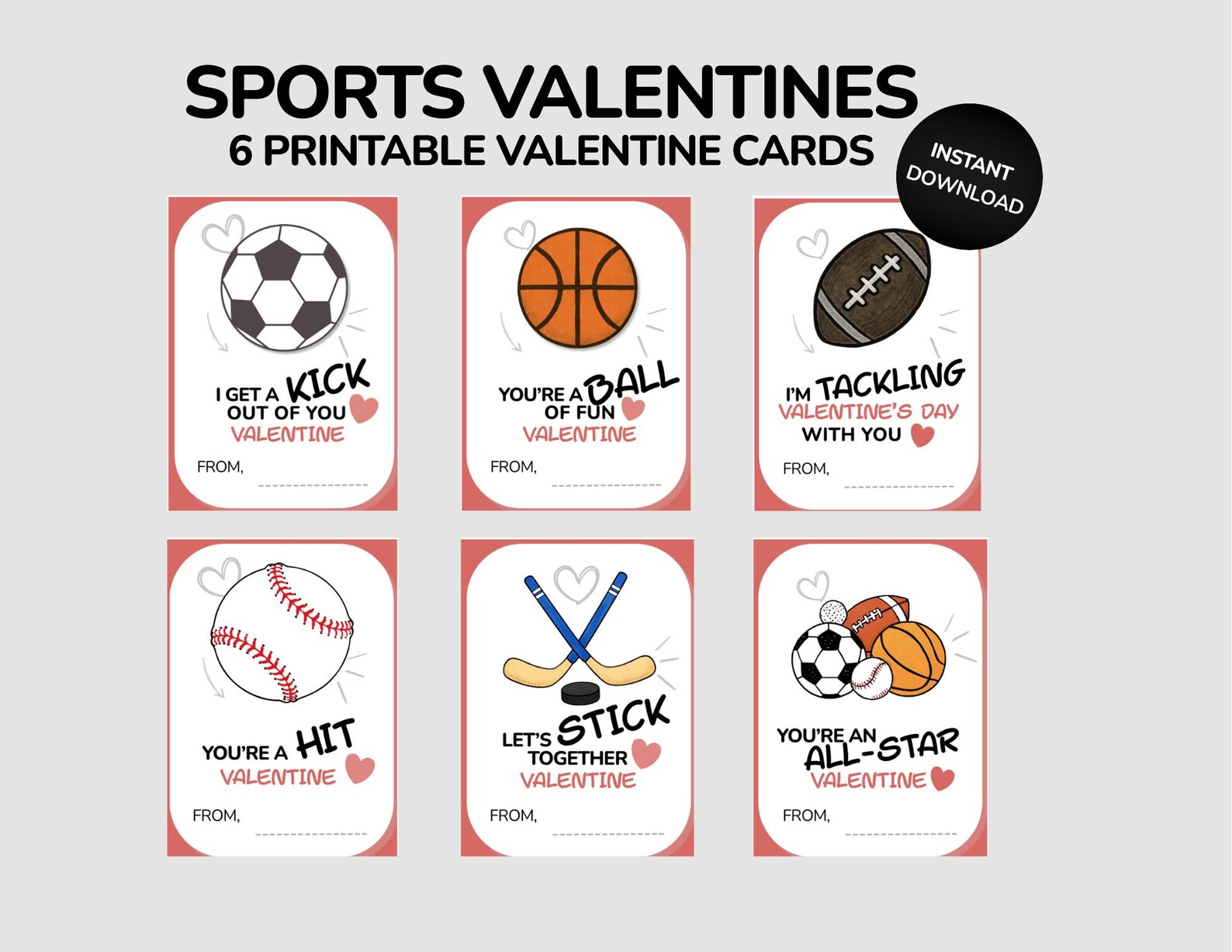 Sports Valentine Cards, Printable Valentines for Kids, Classroom Tags ...