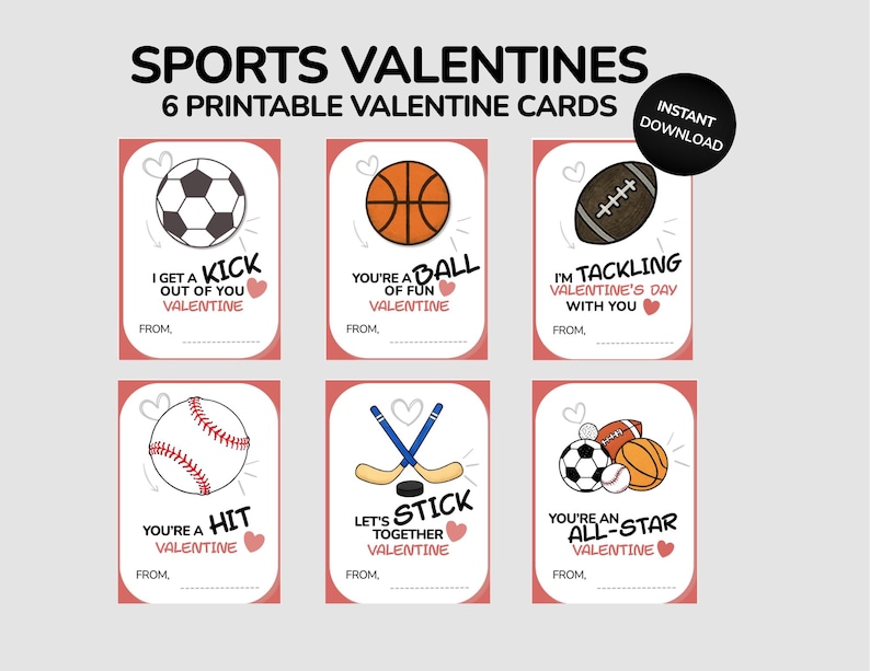 Sports Valentine Cards, Printable Valentines for Kids, Classroom Tags ...