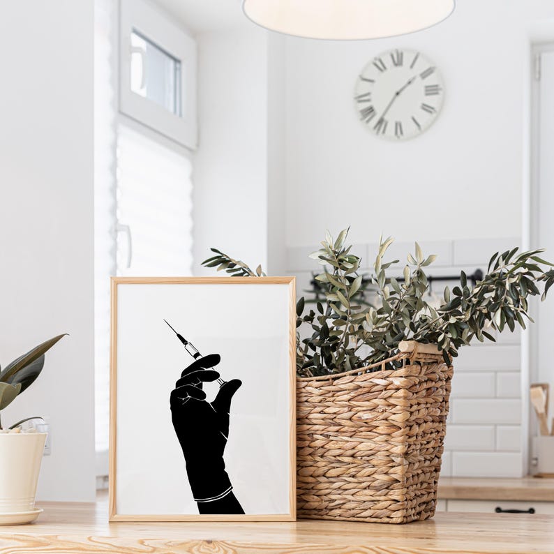 Syringe Line Art Printable Digital Injection Poster Black Office Wall ...