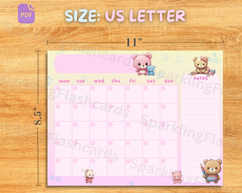 CUTE TEDDY Bear CALENDAR. Printable Undated Calendar With Kawaii Teddy ...