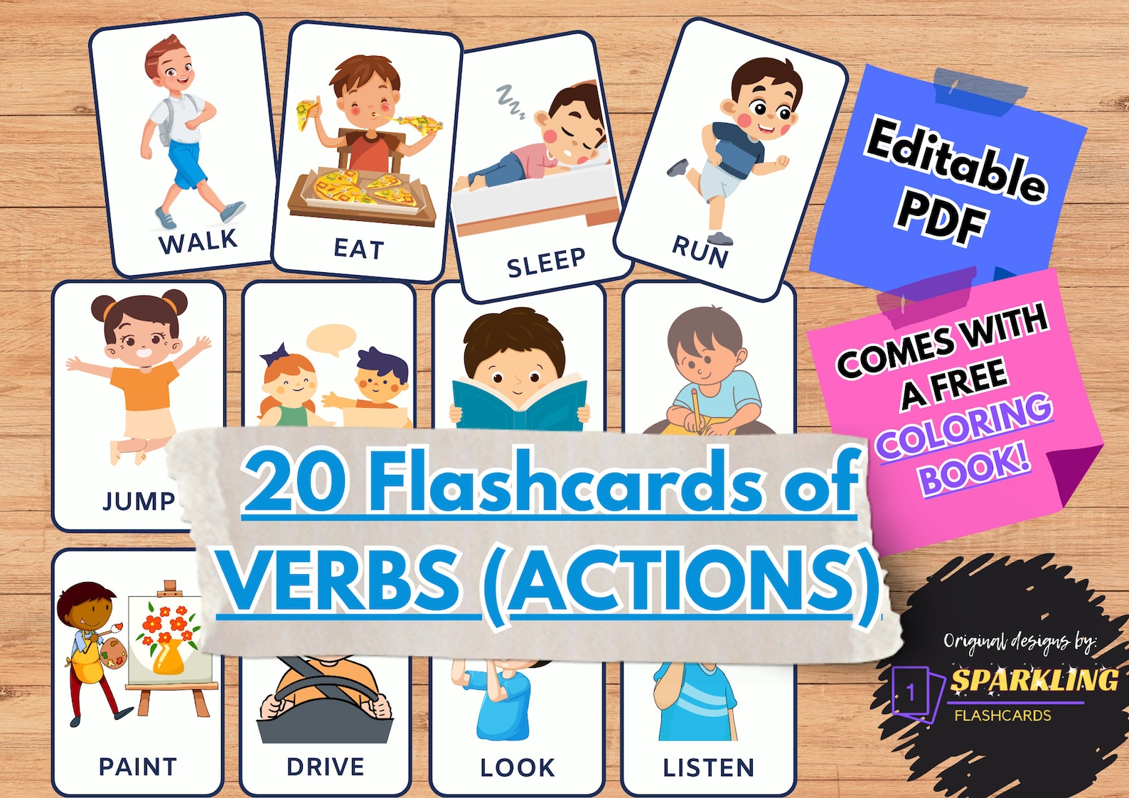 VERBS ACTION Words FLASHCARDS for Kids 20 Montessori Cards Printable ...