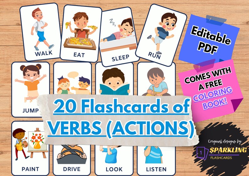 VERBS ACTION Words FLASHCARDS for Kids 20 Montessori Cards Printable ...