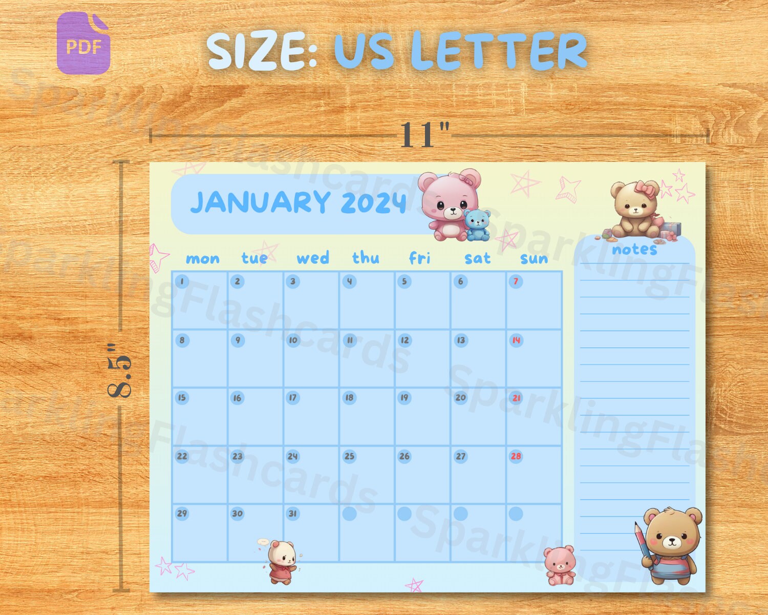 CUTE PRINTABLE CALENDAR 2024 for Kids. Dated 12 Month Calendar Kawaii ...