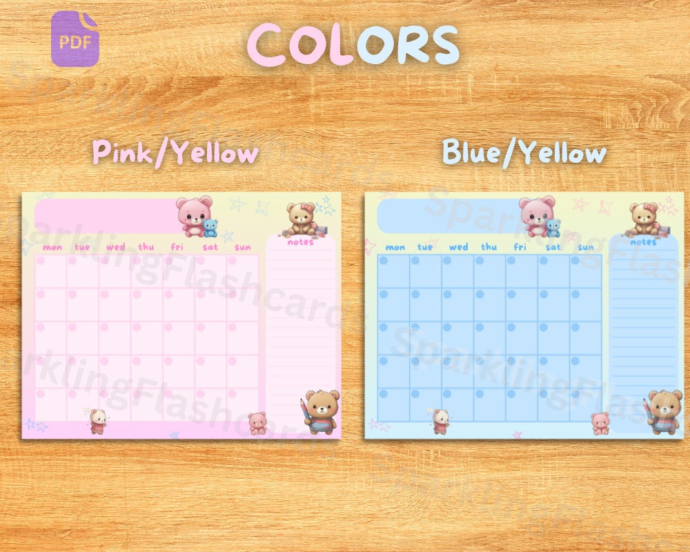 CUTE TEDDY Bear CALENDAR. Printable Undated Calendar With Kawaii Teddy ...