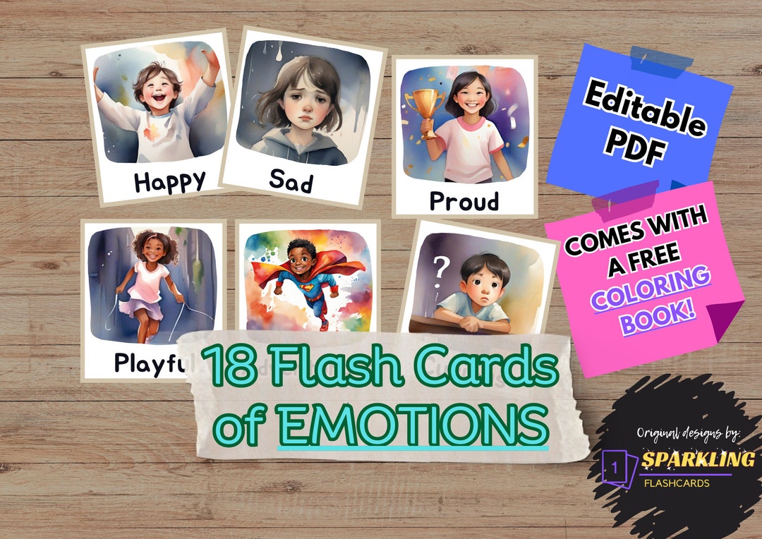 EMOTIONS diverse KIDS Watercolor 18 Editable Montessori Cards Flash ...