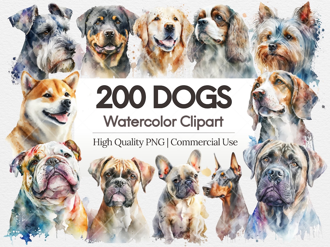 Watercolor Dog Clipart 200 PNG Puppy Dog Clipart, Dog Breed Clipart ...