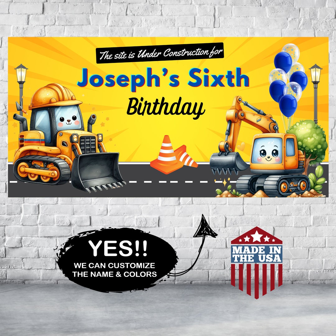 Personalized Yellow Background Construction Toy Vehicles Happy Birthday ...