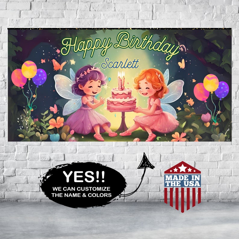 Personalized Fairy Birthday Banner, Magical Forest, Butterflies & Stars ...