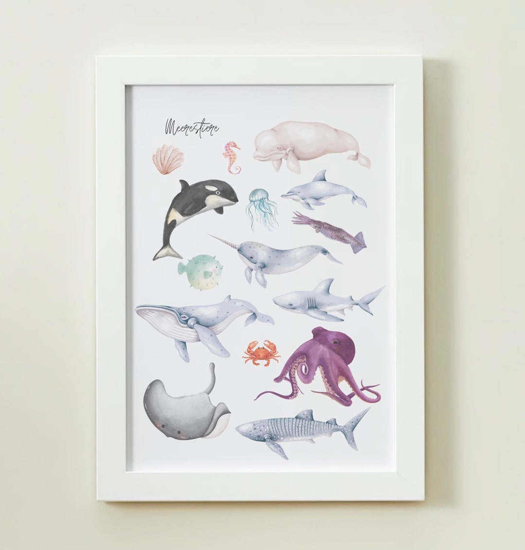 Children's Room Poster A3 A4 / Sea Creatures Watercolor Colors Blue Boy ...