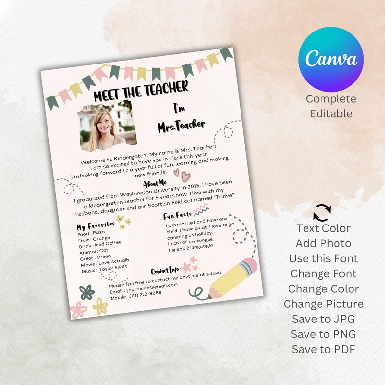 Editable Meet the Teacher Template Canva Digital Download Back to ...