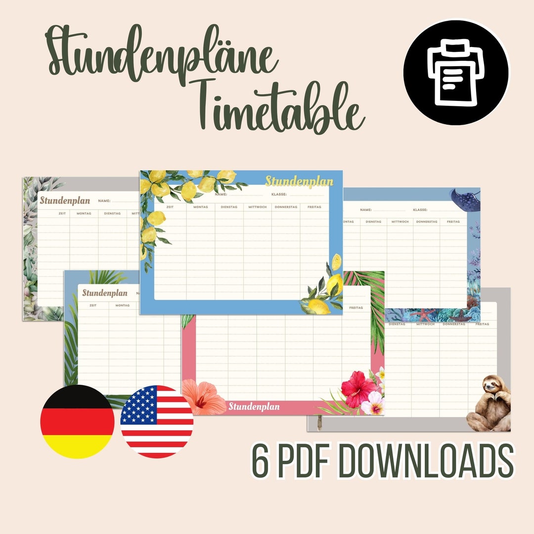 6 Printable Timetable Set PDF Download in English & German Various ...
