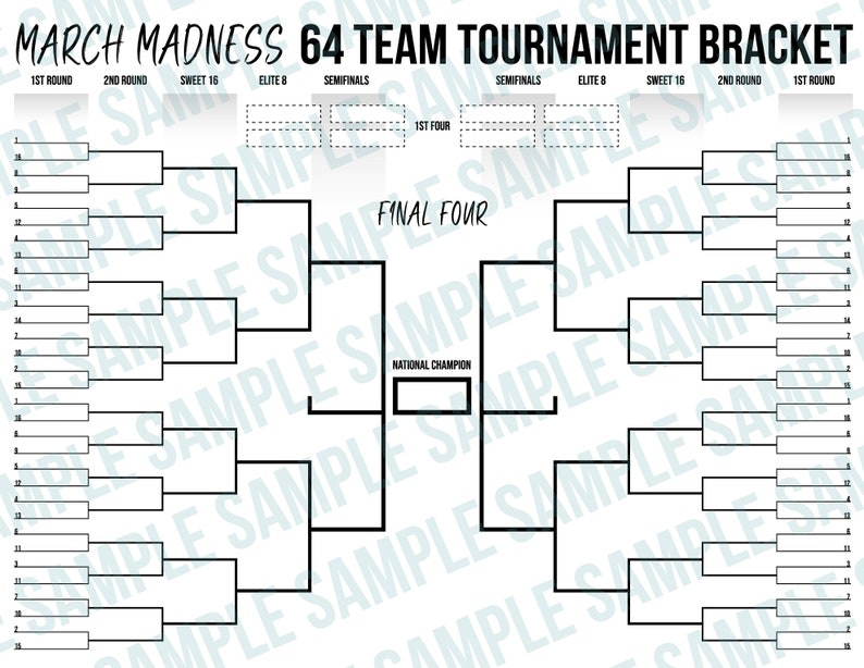 Printable March Madness Blank Tournament Bracket Digital File Unlimited ...