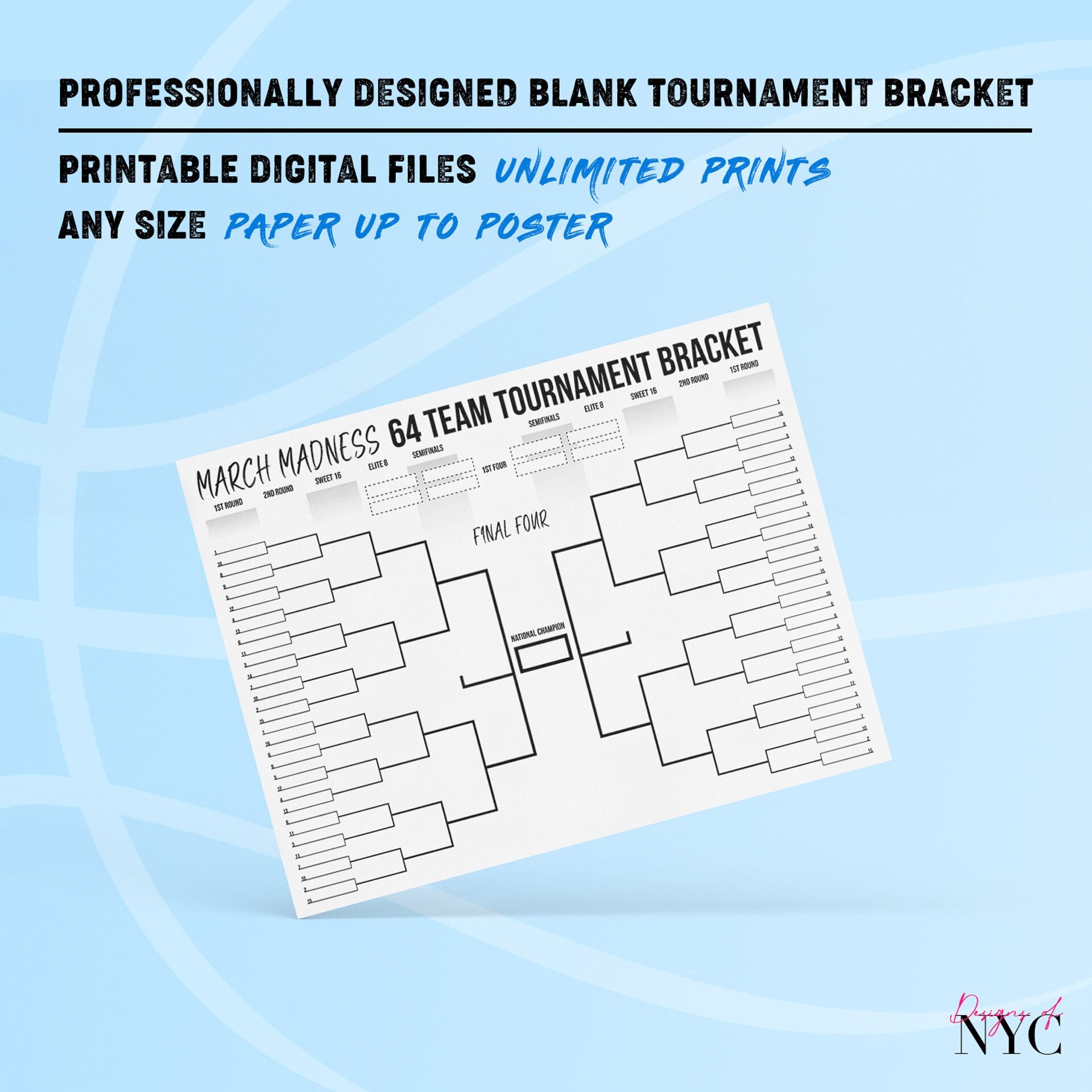 Printable March Madness Blank Tournament Bracket Digital File Unlimited ...