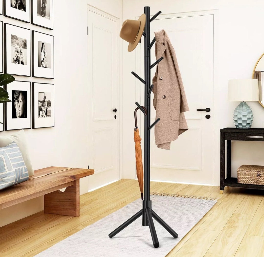 Wooden Coat Rack Stand Free Standing Tree Design Clothes Hanger With 8 ...
