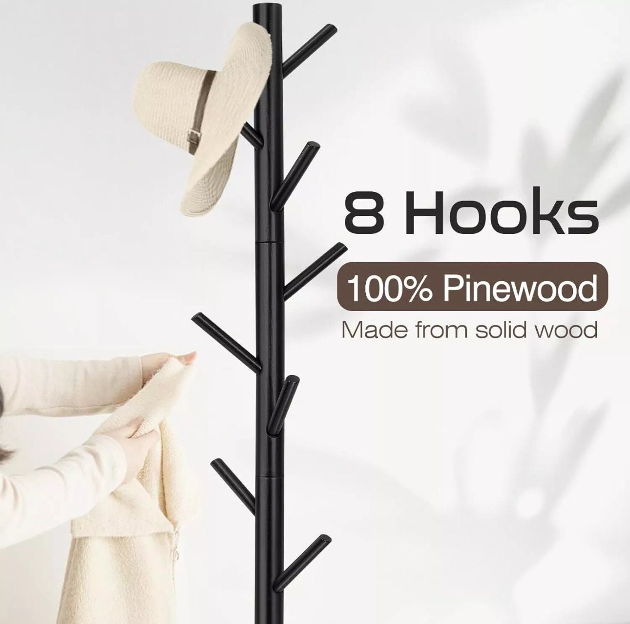Wooden Coat Rack Stand Free Standing Tree Design Clothes Hanger With 8 ...