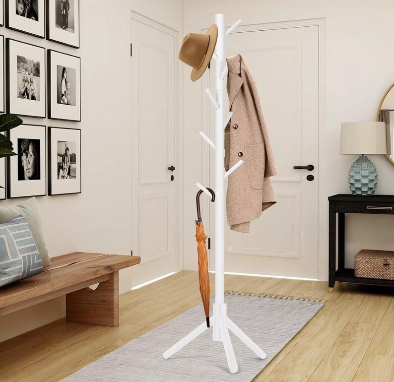 Wooden Coat Rack Stand Free Standing Tree Design Clothes Hanger With 8 ...
