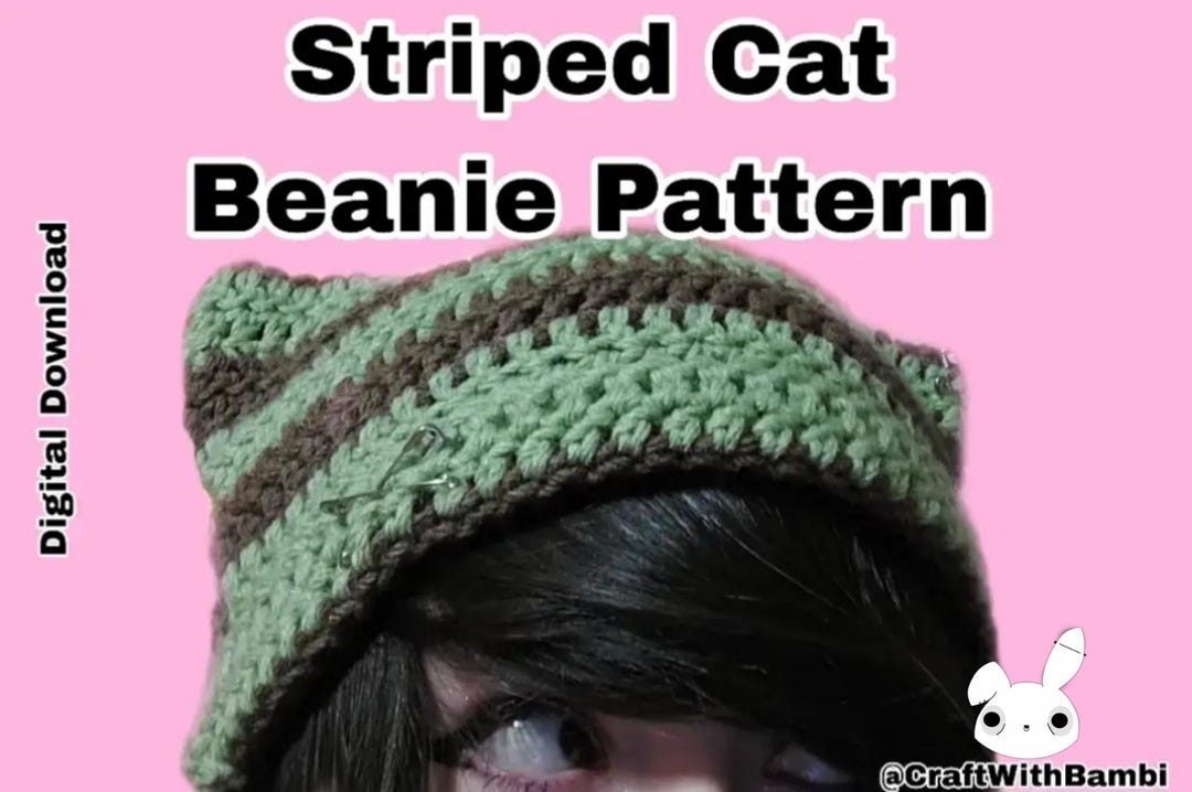Kawaii Crochet Cat Ears Beanie Pattern: Striped Kitten Hat (digital PDF ...