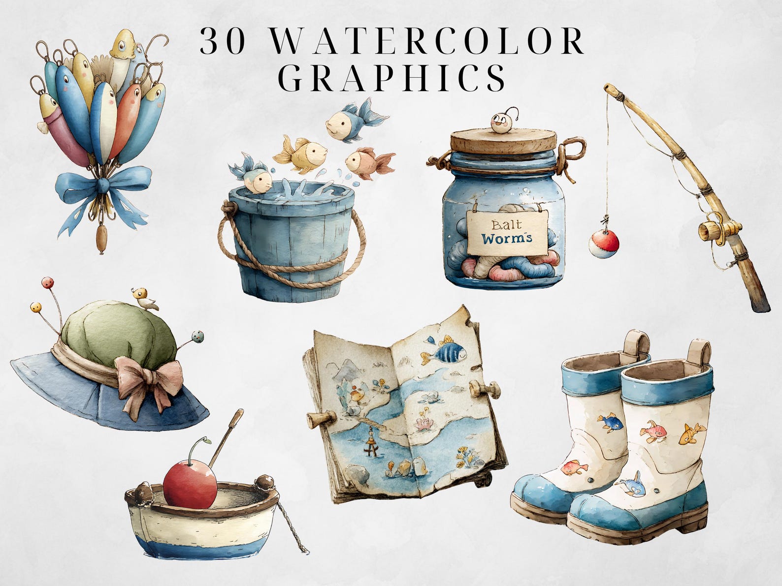 Little Fisherman Watercolor Clipart Set Boy Fishing With Pole and Fish ...