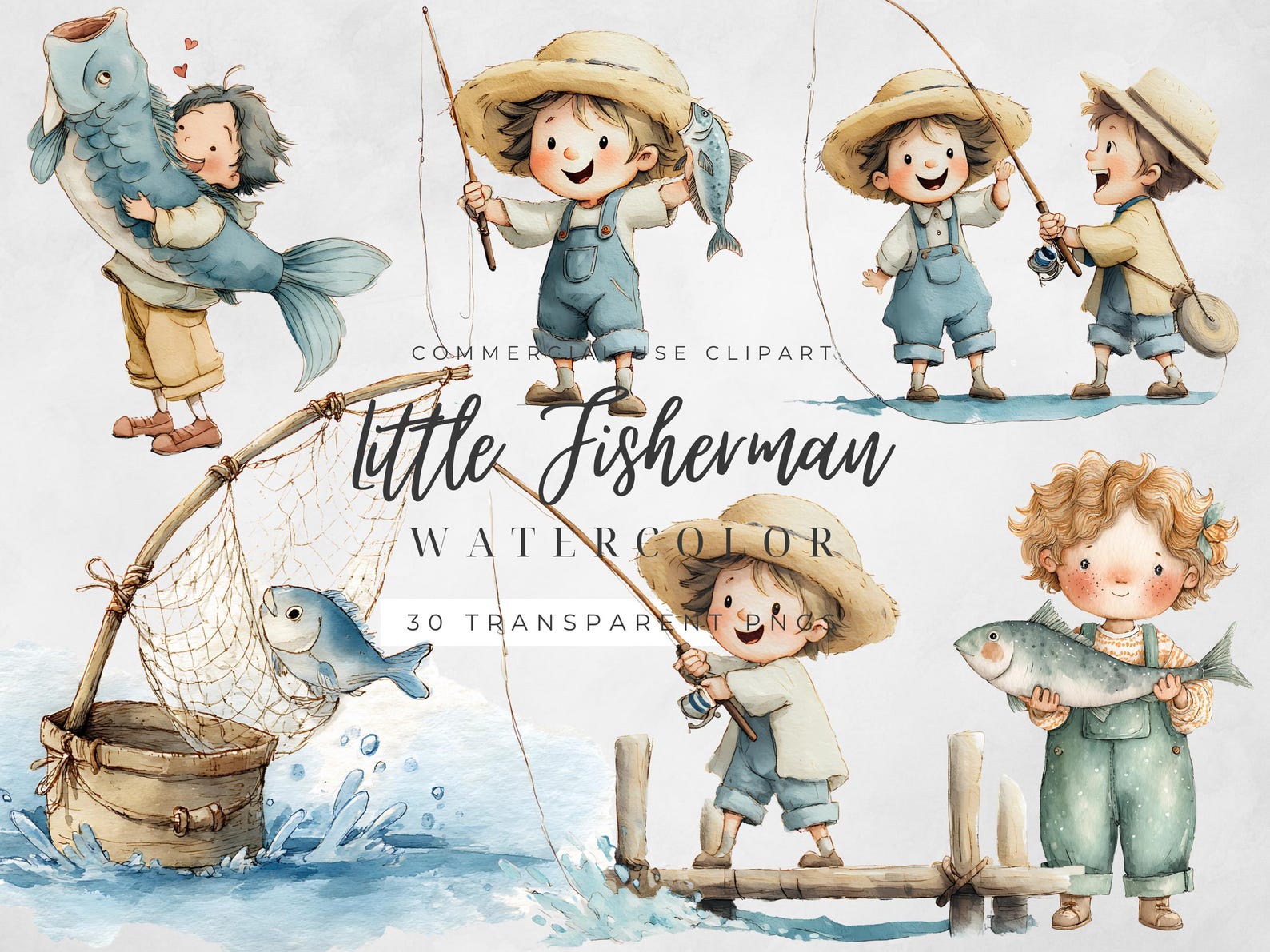 Little Fisherman Watercolor Clipart Set Boy Fishing With Pole and Fish ...