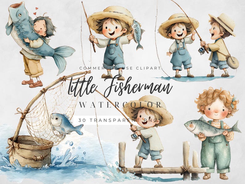 Watercolor Fisherman Clipart Set: Boy Fishing, Nursery Art (digital ...