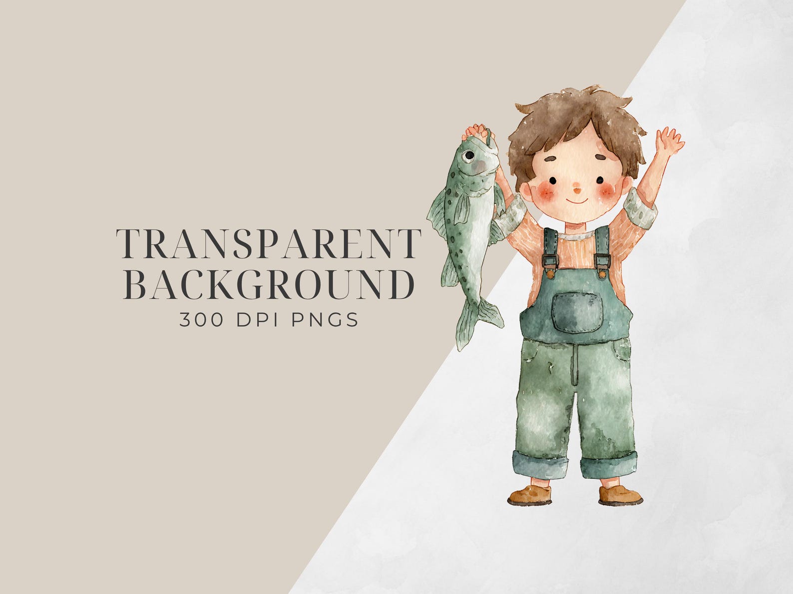 Little Fisherman Watercolor Clipart Set Boy Fishing With Pole and Fish ...