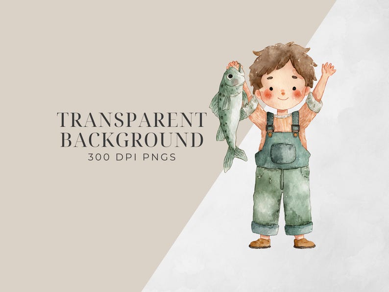 Little Fisherman Watercolor Clipart Set Boy Fishing With Pole and Fish ...