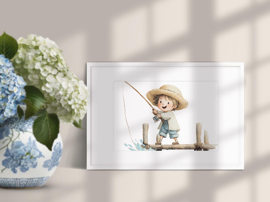 Little Fisherman Watercolor Clipart Set Boy Fishing With Pole and Fish ...