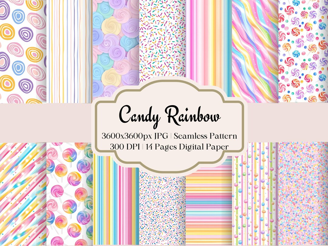 Candy Rainbow Digital Paper Bundle Pastel Sweet Seamless Patterns Cute ...