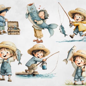 Little Fisherman Watercolor Clipart Set Boy Fishing With Pole and Fish ...