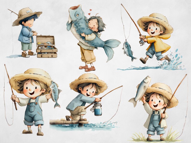 Little Fisherman Watercolor Clipart Set Boy Fishing With Pole and Fish ...