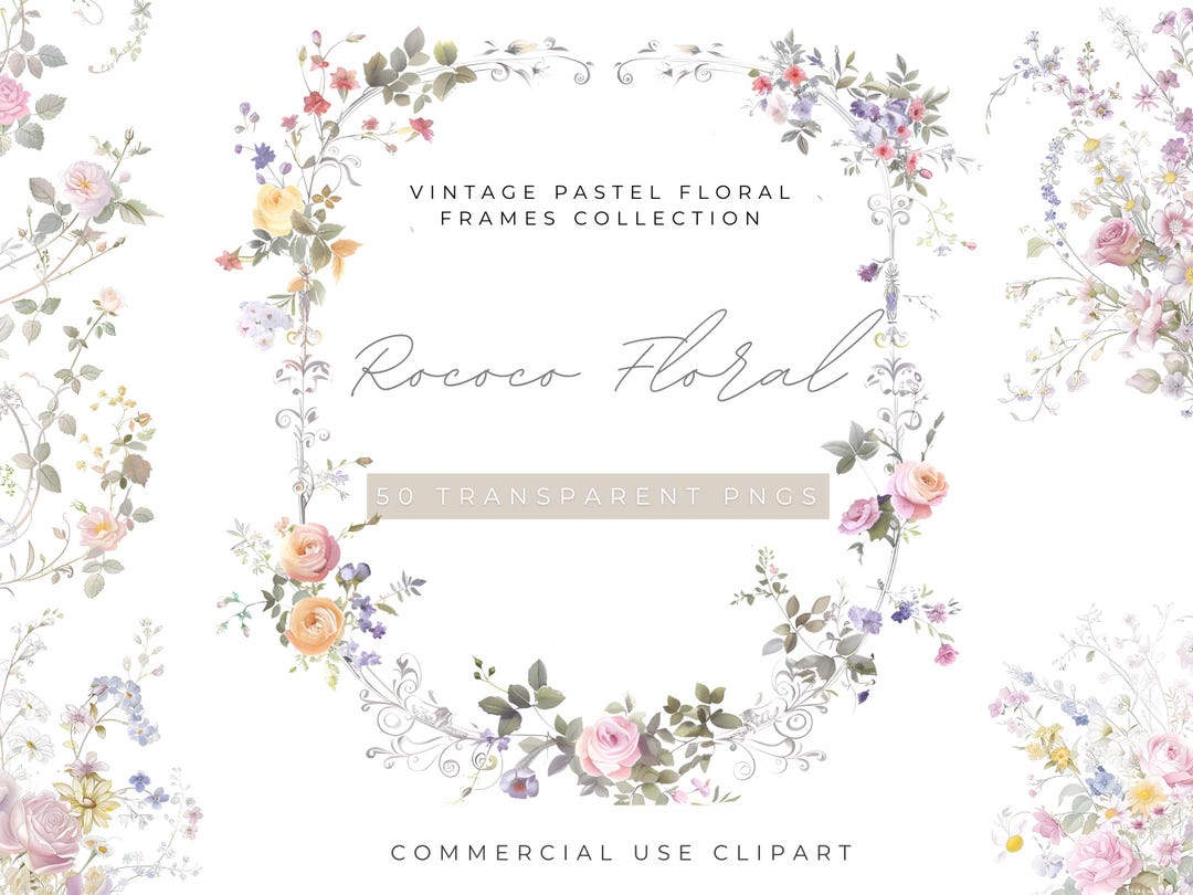 Rococo Floral Line Art Collection Vintage Pastel Flower Frames Coquette ...