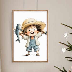 Little Fisherman Watercolor Clipart Set Boy Fishing With Pole and Fish ...