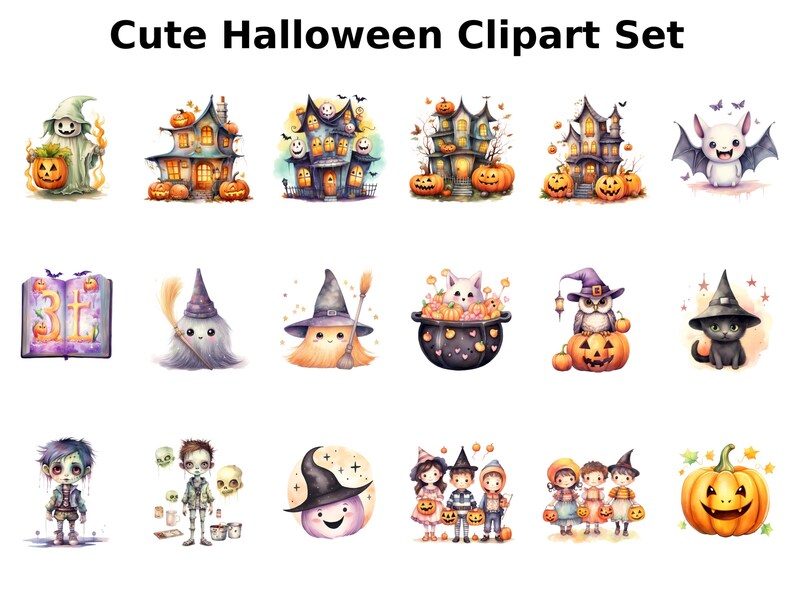 Cute Halloween Clipart Bundle Ghost Witch Pumpkin Cat Kids Zombie Party ...