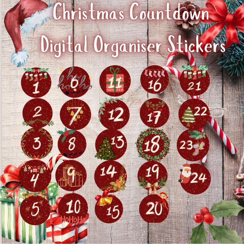 Printable Christmas Advent Calendar Digital Advent Calendar Stickers 24 ...