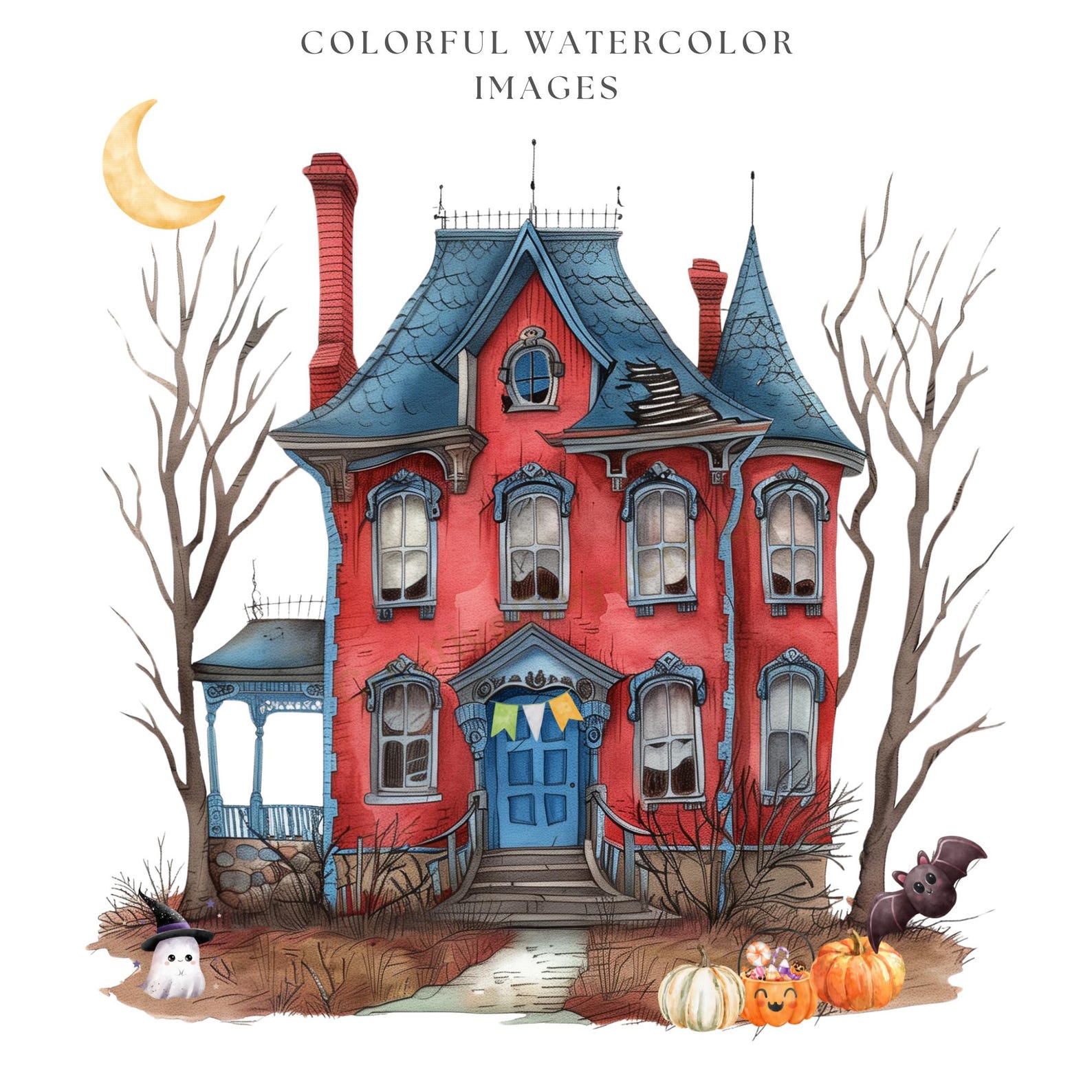 Whimsical Haunted House Clipart - Haunted Mansion PNG - Cute Halloween ...