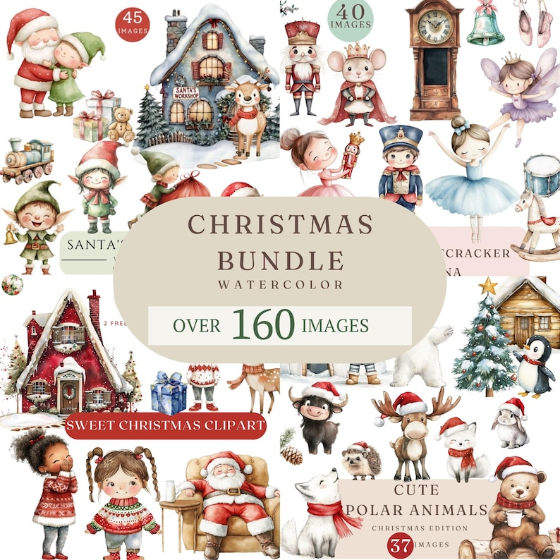 Cute Christmas Clipart Bundle - Watercolor Christmas Images - Christmas ...