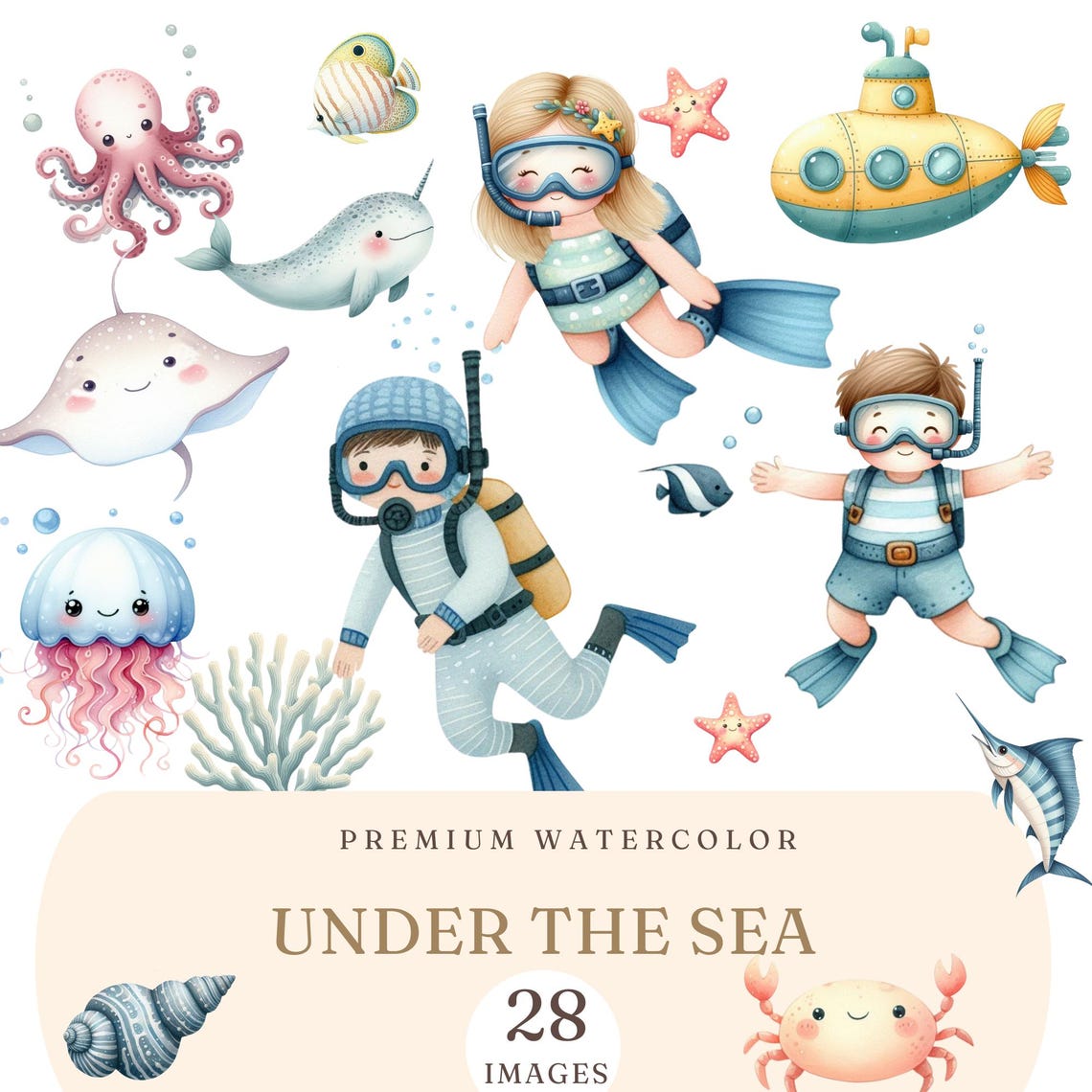 Watercolor Kids Clipart Bundle - Cute Pirates PNG - Underwater ...